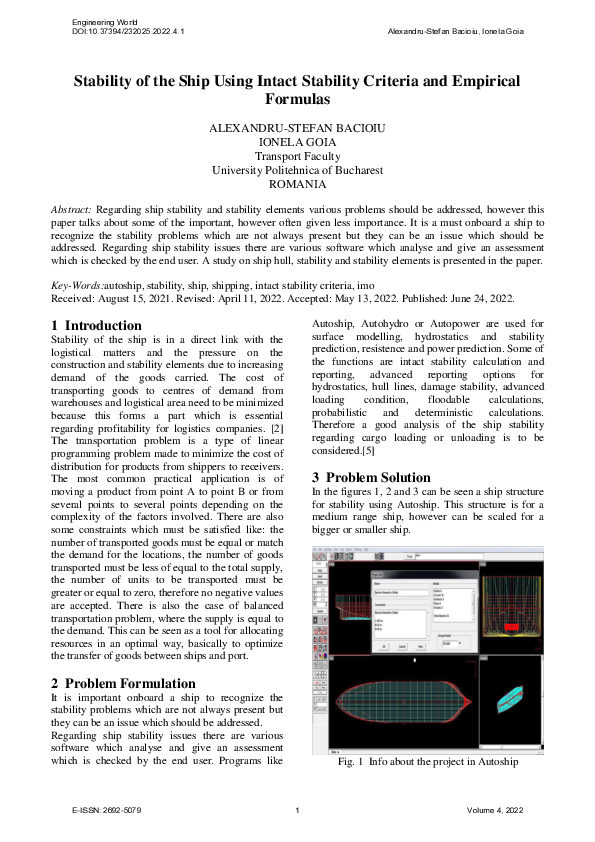 (PDF) Stability of the Ship Using Intact Stability Criteria and Empirical Formulas