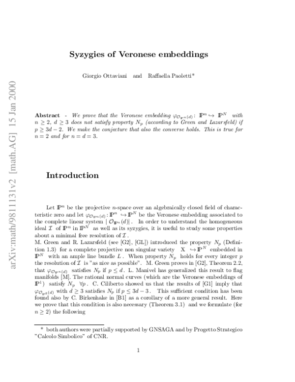 (PDF) Syzygies of Veronese embeddings