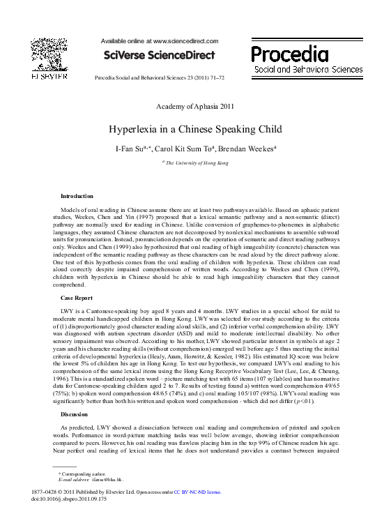 (PDF) Hyperlexia in a Chinese Speaking Child