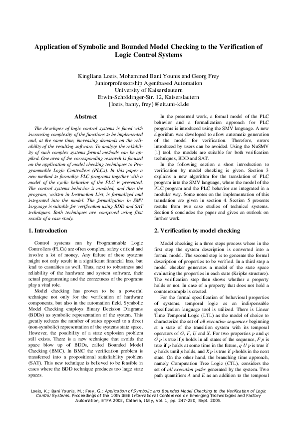 (PDF) Application of Symbolic and Bounded Model Checking to the Verification of Logic Control ...