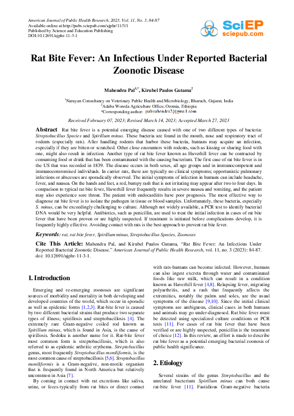 (PDF) Rat Bite Fever: An Infectious Under Reported Bacterial Zoonotic Disease
