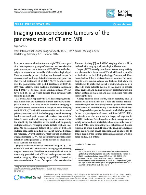 (PDF) Imaging neuroendocrine tumours of the pancreas: role of CT and MRI