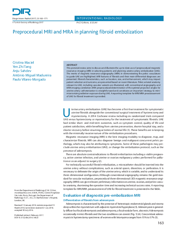 (PDF) Preprocedural MRI and MRA in planning fibroid embolization