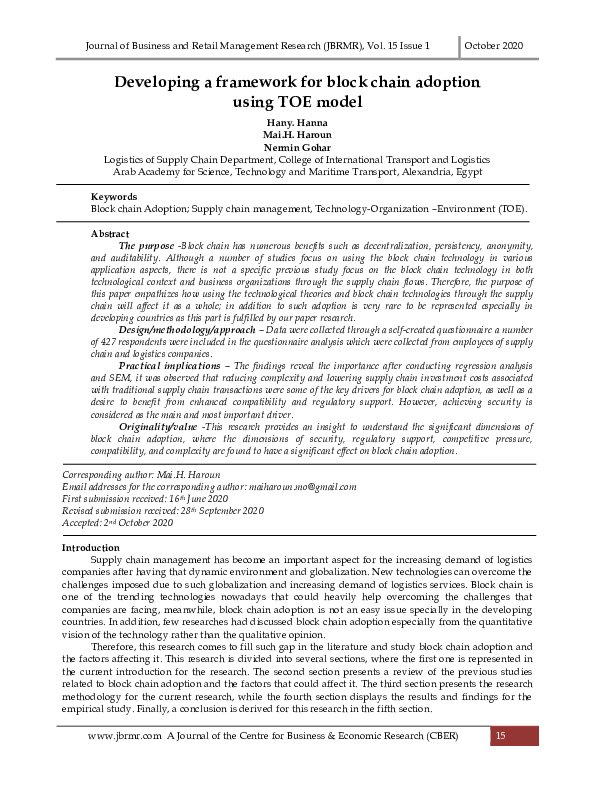 (PDF) Developing a framework for block chain adoption using TOE model ...