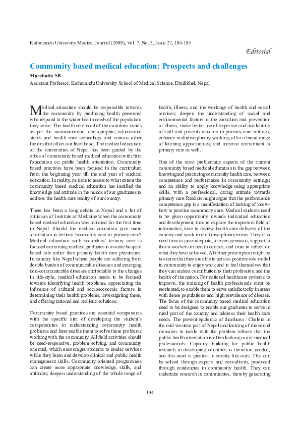 (PDF) Community based medical education: Prospects and challenges