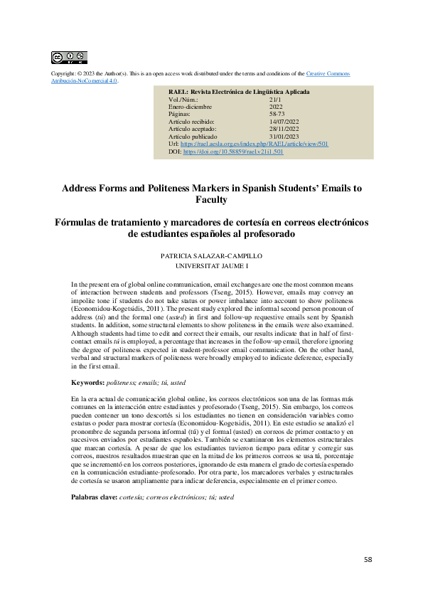 (PDF) Address forms and politeness markers in Spanish students' emails ...