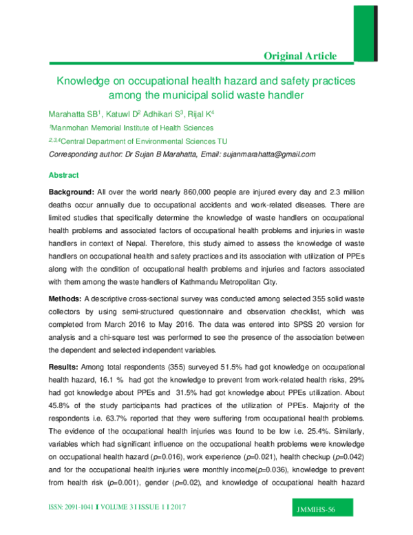 (PDF) Knowledge on occupational health hazard and safety practices among the municipal solid ...