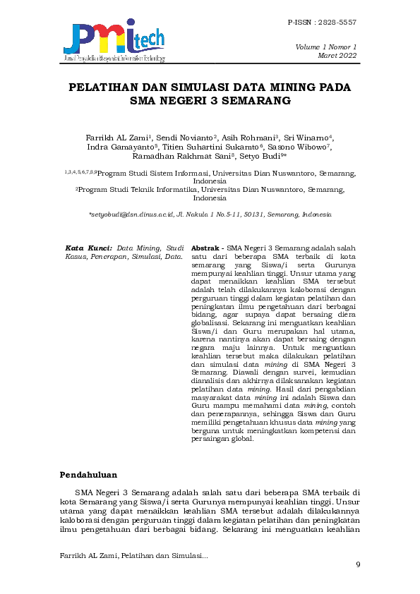 (PDF) Pelatihan Dan Simulasi Data Mining Pada Sma Negeri 3 Semarang