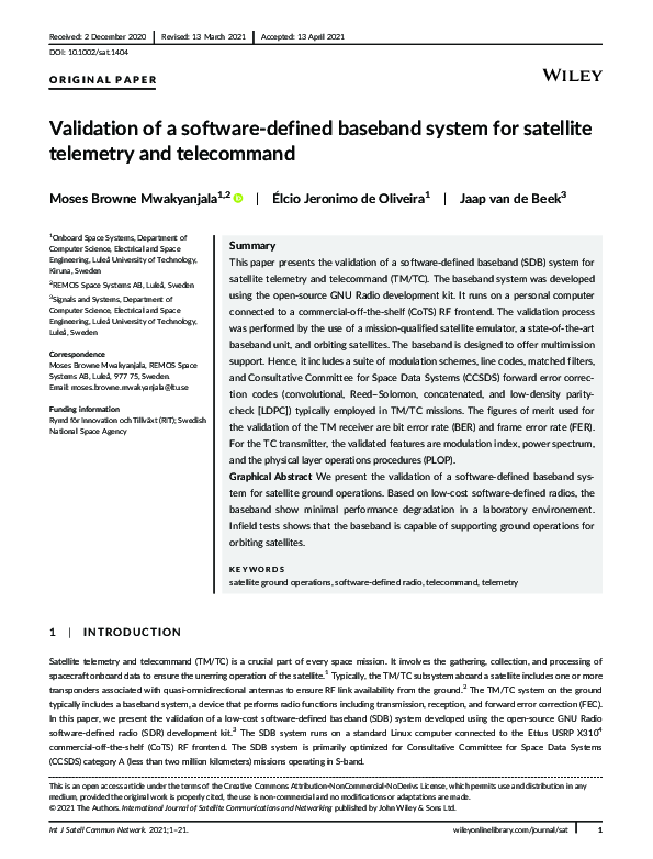 (PDF) Validation of a software‐defined baseband system for satellite telemetry and telecommand