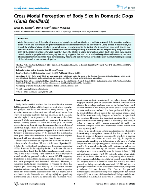 (PDF) Cross Modal Perception of Body Size in Domestic Dogs (Canis ...