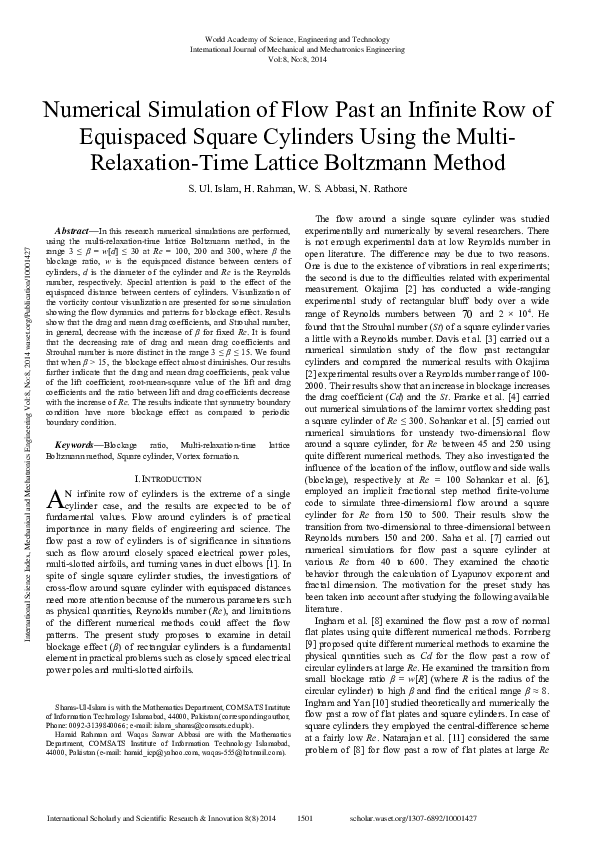 Pdf Numerical Simulation Of Flow Past An Infinite Row Of Equispaced Square Cylinders Using The