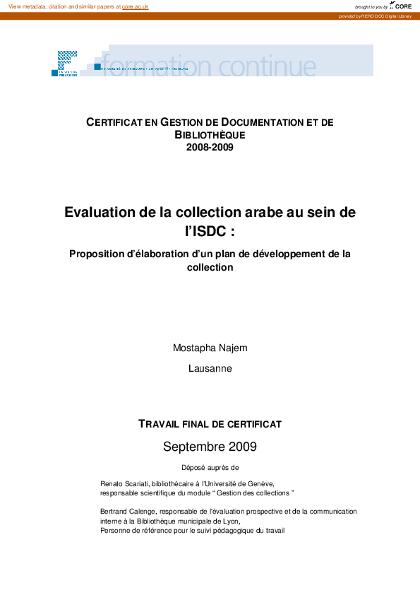 (PDF) Evaluation de la collection arabe au sein de l'ISDC: proposition d'élaboration d'un plan ...