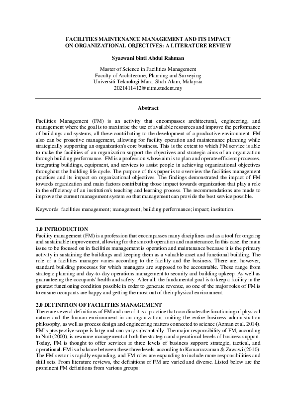 (PDF) FACILITIES MAINTENANCE MANAGEMENT AND ITS IMPACT ON ORGANIZATIONAL OBJECTIVES: A ...