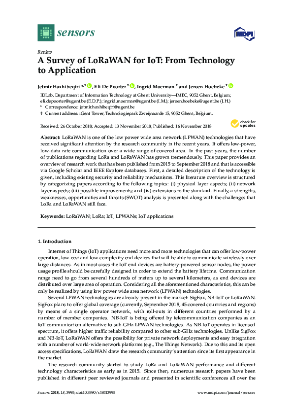 (PDF) A Survey of LoRaWAN for IoT: From Technology to Application