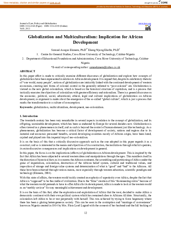(PDF) Globalization and Multiculturalism: Implication for African Development
