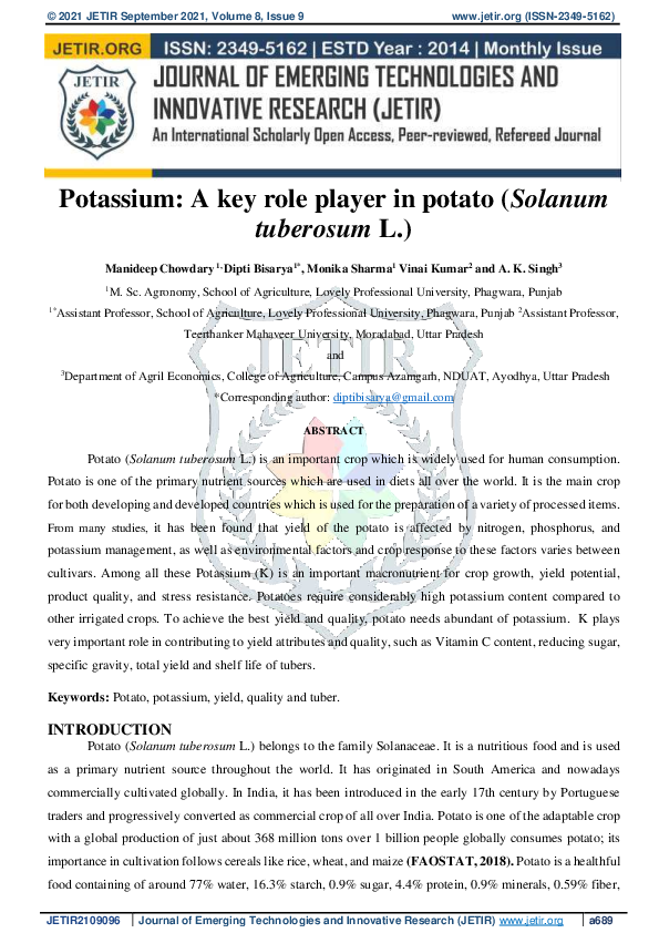 (PDF) Potassium: A key role player in potato (Solanum tuberosum L.)