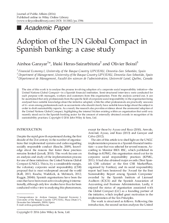 (PDF) Adoption of the UN Global Compact in Spanish banking: a case study