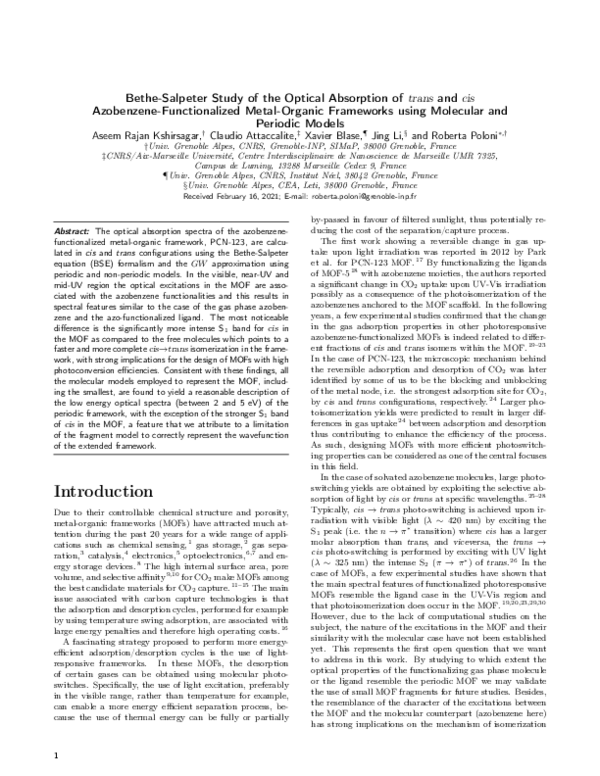 (PDF) Bethe-Salpeter Study of the Optical Absorption of trans and cis Azobenzene-Functionalized ...
