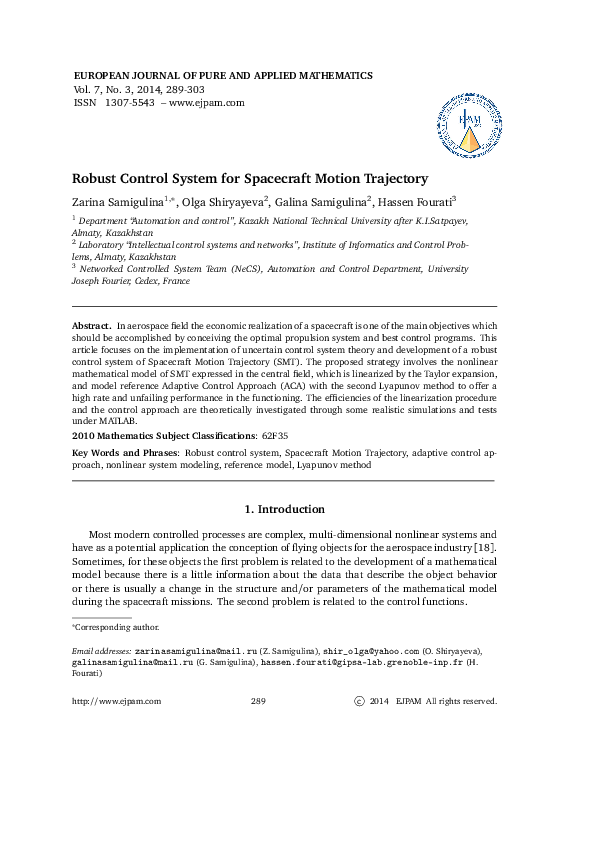 (PDF) Robust control system for Spacecraft Motion Trajectory