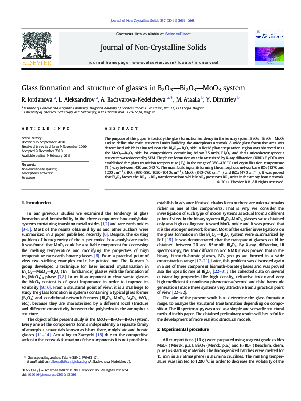 Pdf Glass Formation And Structure Of Glasses In B2o3―bi2o3―moo3 System
