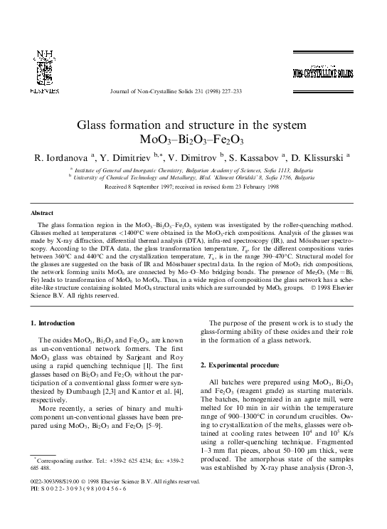 (PDF) Glass formation and structure in the system MoO3–Bi2O3–Fe2O3