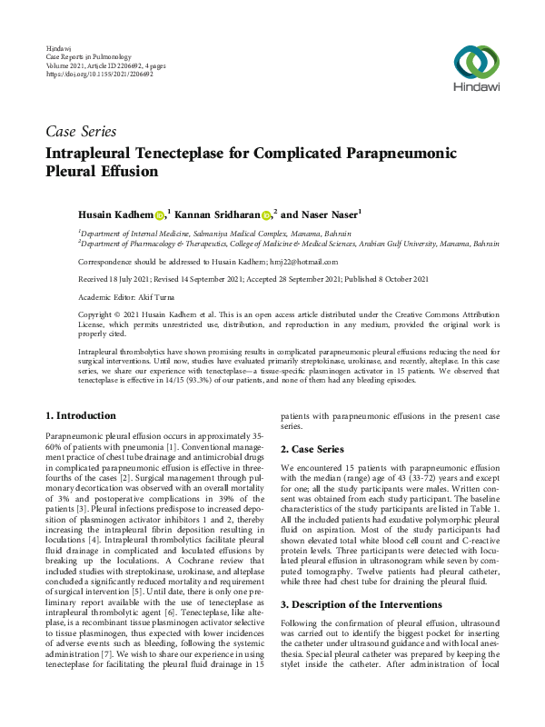 (PDF) Intrapleural Tenecteplase for Complicated Parapneumonic Pleural ...