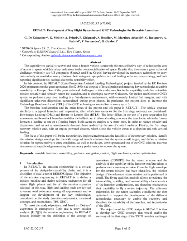 (PDF) RETALT: Development of Key Flight Dynamics and GNC Technologies ...