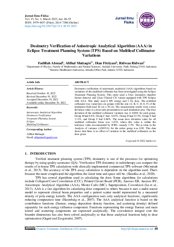 (PDF) Dosimetry Verification of Anisotropic Analytical Algorithm (AAA) In Eclipse Treatment ...