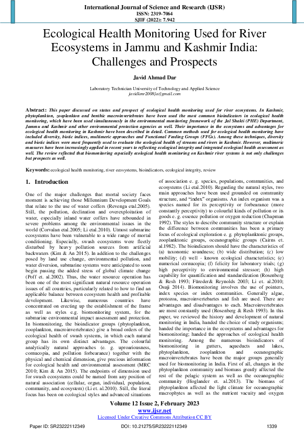 (PDF) Ecological Health Monitoring Used for River Ecosystems in Jammu ...