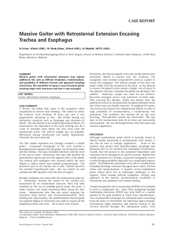 (PDF) Massive goiter with retrosternal extension encasing trachea and ...
