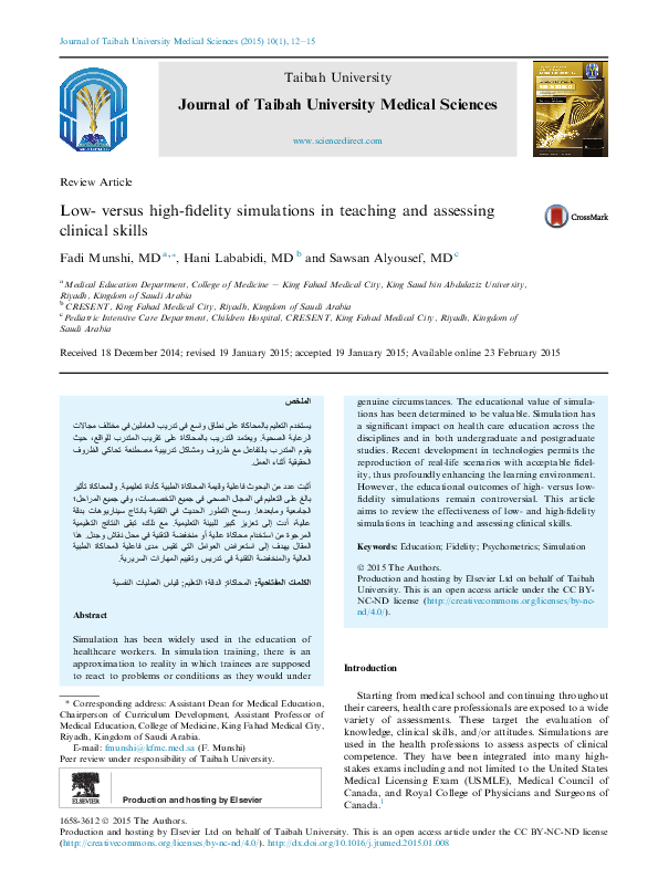 (PDF) Low- versus high-fidelity simulations in teaching and assessing clinical skills