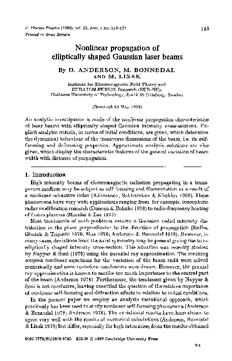 (PDF) Nonlinear propagation of elliptically shaped Gaussian laser beams