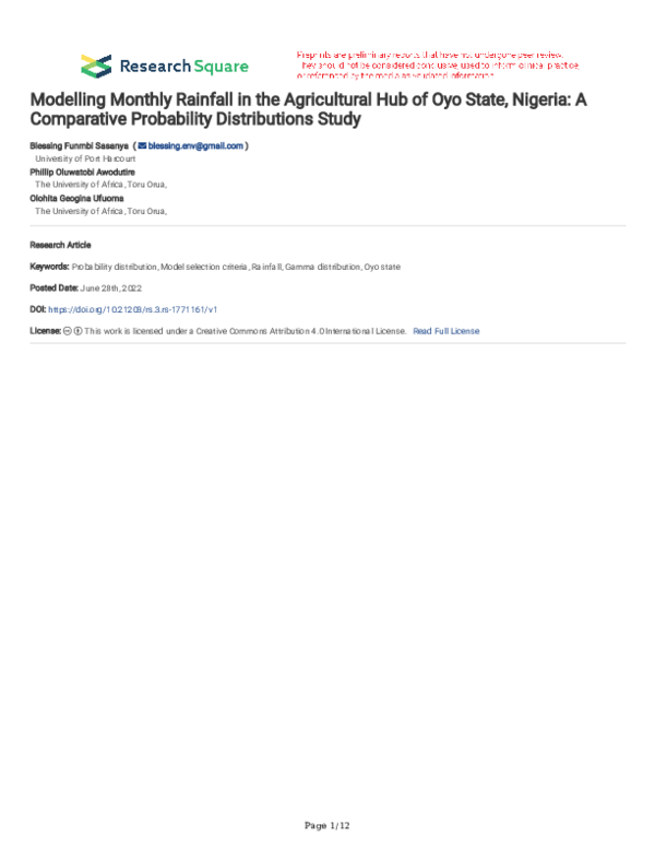(PDF) Modelling Monthly Rainfall in the Agricultural Hub of Oyo State ...
