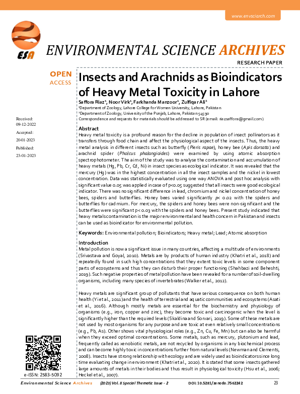 (PDF) Insects and Arachnids as Bioindicators of Heavy Metal Toxicity in ...