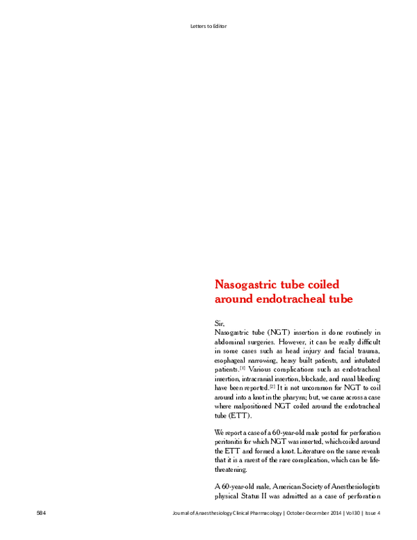 (PDF) Nasogastric tube coiled around endotracheal tube