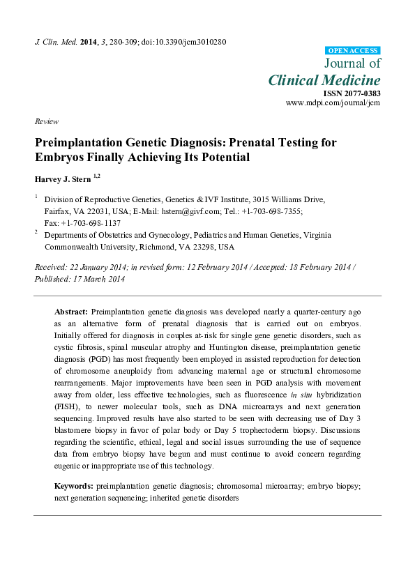 (PDF) Preimplantation Genetic Diagnosis: Prenatal Testing for Embryos ...