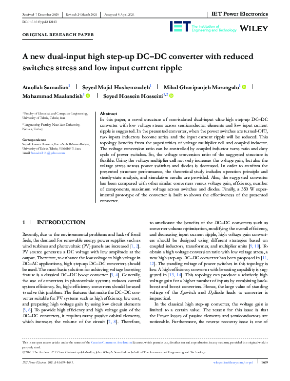 Pdf A New Dual‐input High Step‐up Dc Dc Converter With Reduced Switches Stress And Low Input