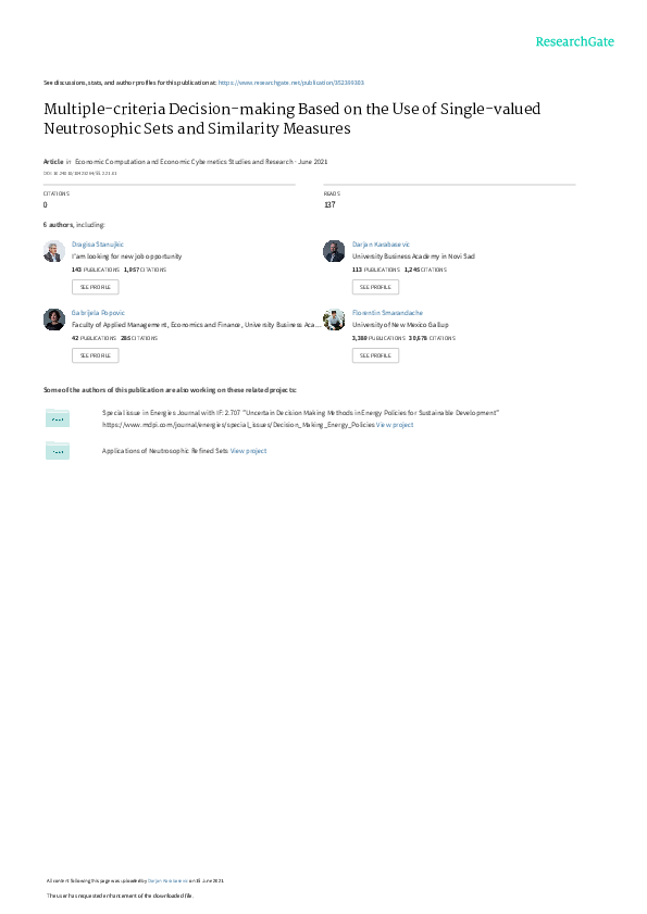 (PDF) Multiple-criteria Decision-making Based on the Use of Single-valued Neutrosophic Sets and ...