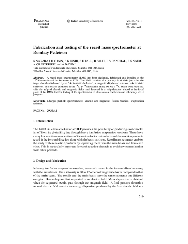 (PDF) Fabrication and testing of the recoil mass spectrometer at Bombay ...