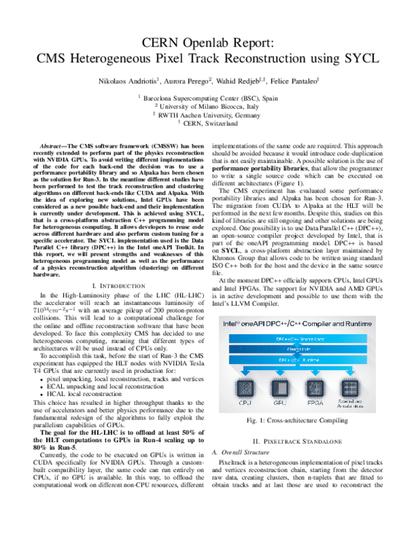(PDF) CERN Openlab Report: CMS Heterogeneous Pixel Track Reconstruction using SYCL