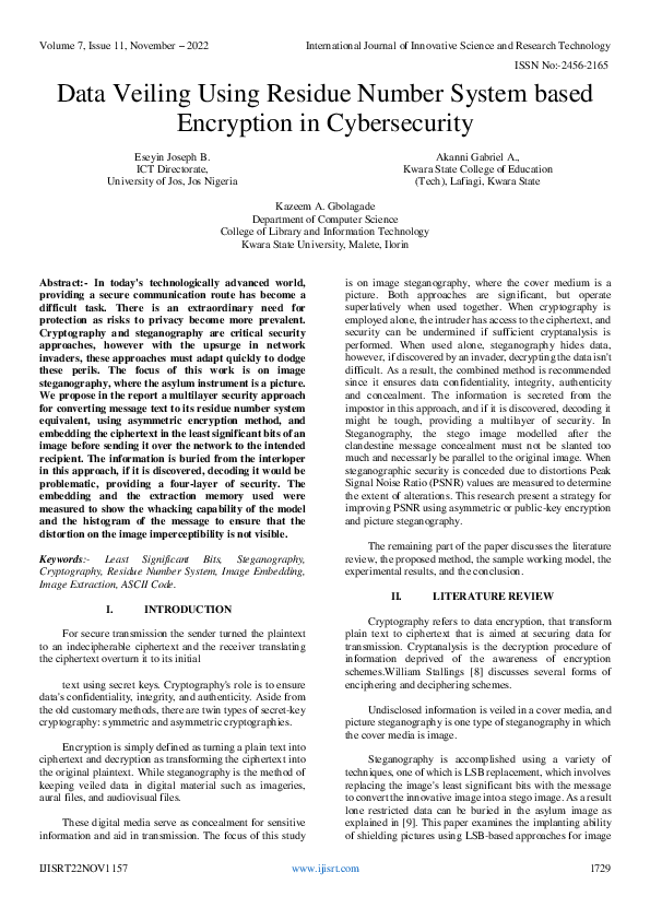 Pdf Data Veiling Using Residue Number System Based Encryption In Cybersecurity Eseyin Joseph