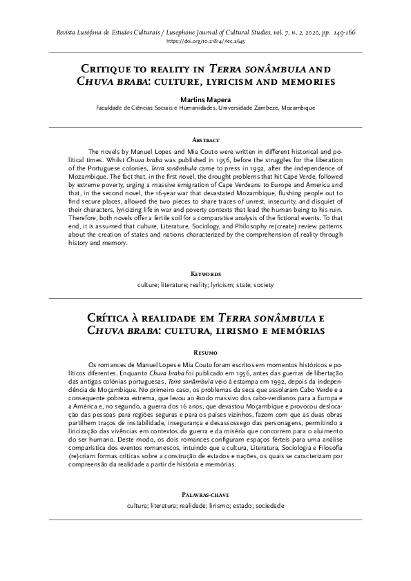 (PDF) Crítica à realidade em Terra sonâmbula e Chuva braba: cultura ...