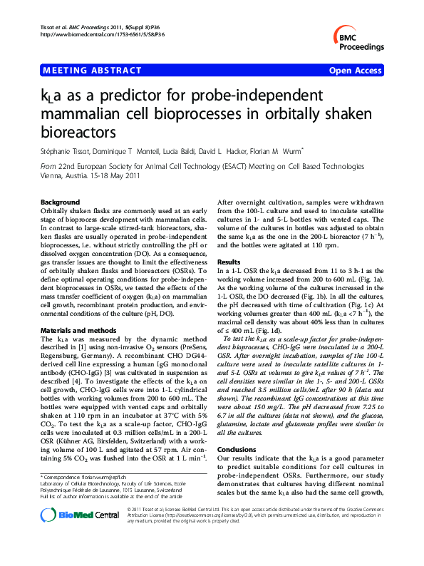 (PDF) kLa as a predictor for probe-independent mammalian cell ...