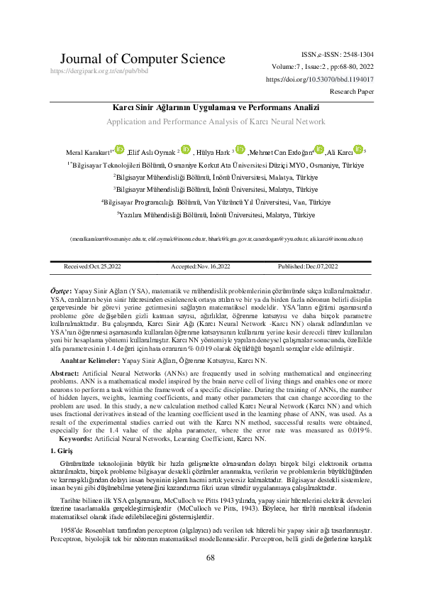 (PDF) Karcı Sinir Ağlarının Uygulaması ve Performans Analizi