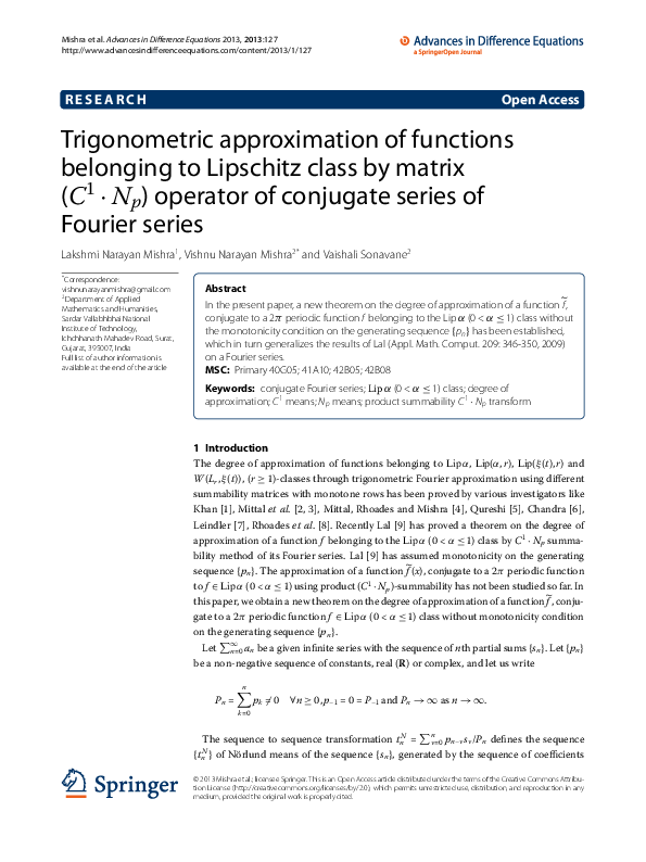 (PDF) Trigonometric approximation of functions belonging to Lipschitz ...