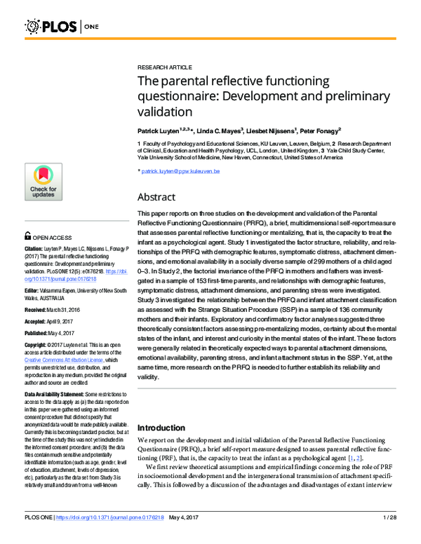 (PDF) The parental reflective functioning questionnaire: Development ...