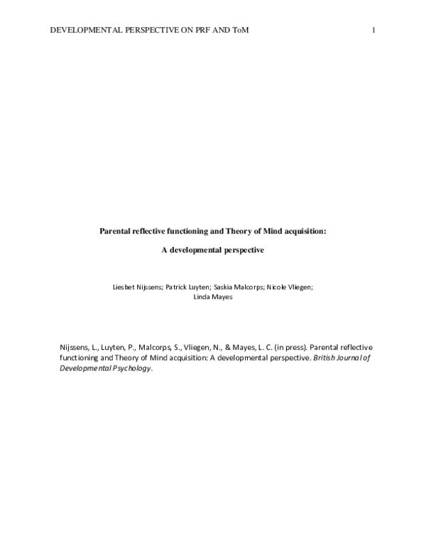 (PDF) Parental reflective functioning and theory of mind acquisition: A ...
