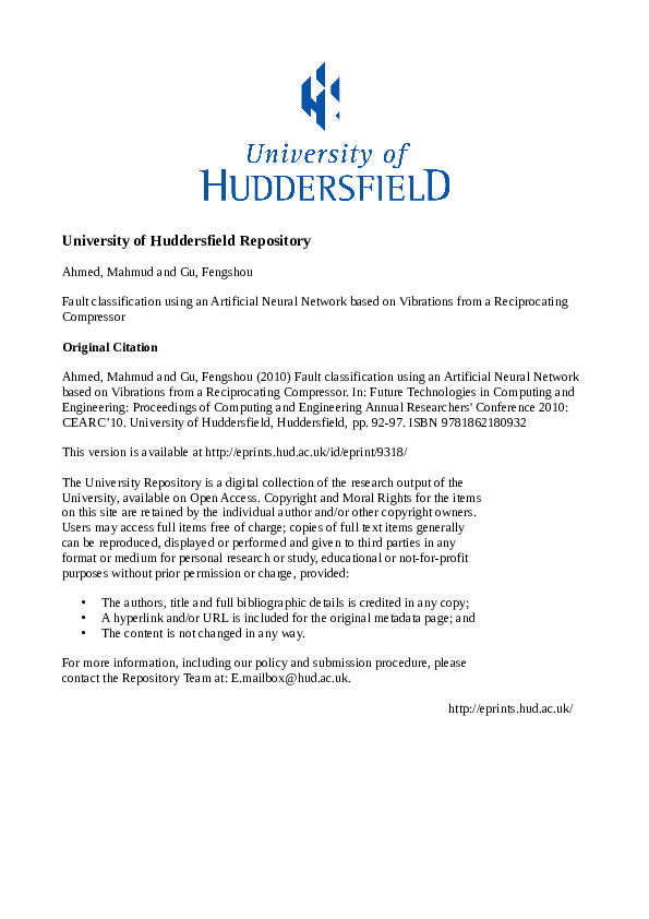 (PDF) Fault classification using an Artificial Neural Network based on Vibrations from a ...