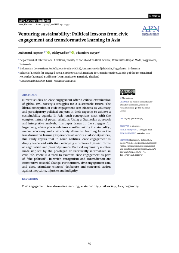 (PDF) Venturing sustainability: Political lessons from civic engagement and transformative ...
