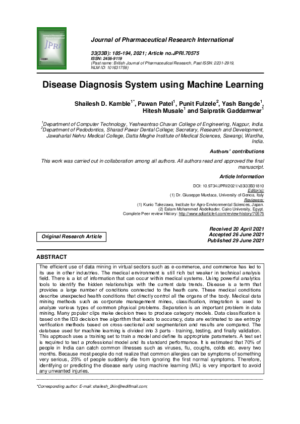 (PDF) Disease Diagnosis System using Machine Learning | PAWAN PATEL - Academia.edu